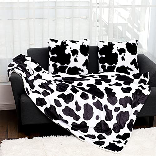 EMKISS Cow Print Blanket and Pillows Set Ultra Soft Cow Throw Blanket Plush Flannel Fleece Warm Cozy Blanket for Adults with 2Pcs Pillows Set for Sofa Couch Travel Camping 50" x 60"