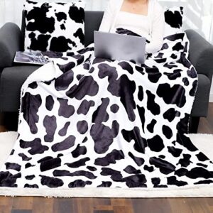 EMKISS Cow Print Blanket and Pillows Set Ultra Soft Cow Throw Blanket Plush Flannel Fleece Warm Cozy Blanket for Adults with 2Pcs Pillows Set for Sofa Couch Travel Camping 50" x 60"