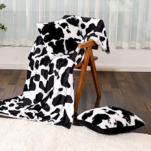 EMKISS Cow Print Blanket and Pillows Set Ultra Soft Cow Throw Blanket Plush Flannel Fleece Warm Cozy Blanket for Adults with 2Pcs Pillows Set for Sofa Couch Travel Camping 50" x 60"