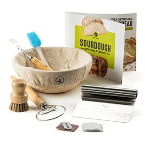 sourdough start kit - sourdough bread baking supplies with banneton bread proofing basket bowl, cloth, whisk, bread lame, dough scraper, 2 brushes - sourdough starter kit bread making & baking tools