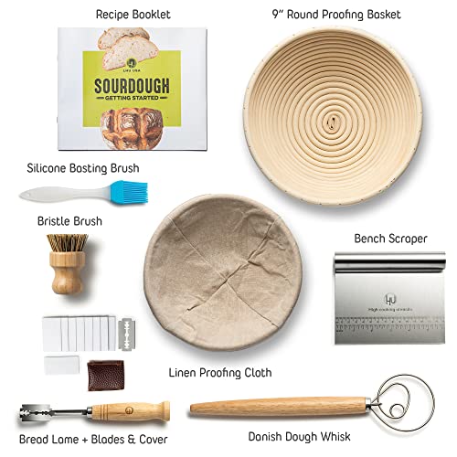 Sourdough Start Kit - Sourdough Bread Baking Supplies with Banneton Bread Proofing Basket Bowl, Cloth, Whisk, Bread Lame, Dough Scraper, 2 Brushes - Sourdough Starter Kit Bread Making & Baking Tools