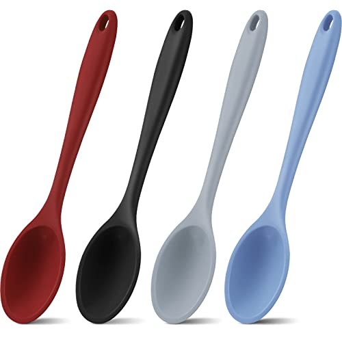 4 Pieces Large Silicone Mixing Spoon Heat Resistant Silicone Basting Spoon Utensil Spoon Non Stick Serving Spoon for Mixing, Baking, Serving (Red, Black, Blue, Gray)