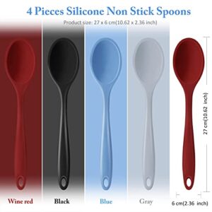 4 Pieces Large Silicone Mixing Spoon Heat Resistant Silicone Basting Spoon Utensil Spoon Non Stick Serving Spoon for Mixing, Baking, Serving (Red, Black, Blue, Gray)