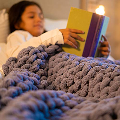 Royal Sparrow Designs Chunky Knit Blanket Throw Chenille-Hand Knitted Soft Plush Yarn, Beautiful Home Decor for Bed, Sofa, Chair, Machine Washable Cozy Bedding (Comfy Grey)