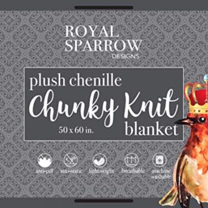 Royal Sparrow Designs Chunky Knit Blanket Throw Chenille-Hand Knitted Soft Plush Yarn, Beautiful Home Decor for Bed, Sofa, Chair, Machine Washable Cozy Bedding (Comfy Grey)