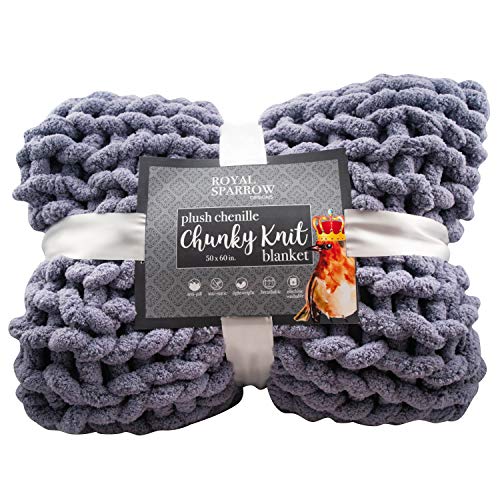 Royal Sparrow Designs Chunky Knit Blanket Throw Chenille-Hand Knitted Soft Plush Yarn, Beautiful Home Decor for Bed, Sofa, Chair, Machine Washable Cozy Bedding (Comfy Grey)