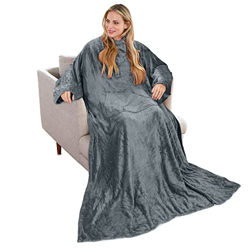 Wearable Blanket with Sleeves for Adult Women Men, Extra Soft Warm Cozy Micro Plush Lightweight Fleece Snuggy Body Blanket, TV Wrap Throw Blanket Robe with Pocket for Lounge Sofa Home Office, Gray