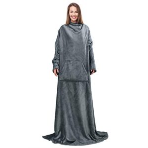 Wearable Blanket with Sleeves for Adult Women Men, Extra Soft Warm Cozy Micro Plush Lightweight Fleece Snuggy Body Blanket, TV Wrap Throw Blanket Robe with Pocket for Lounge Sofa Home Office, Gray