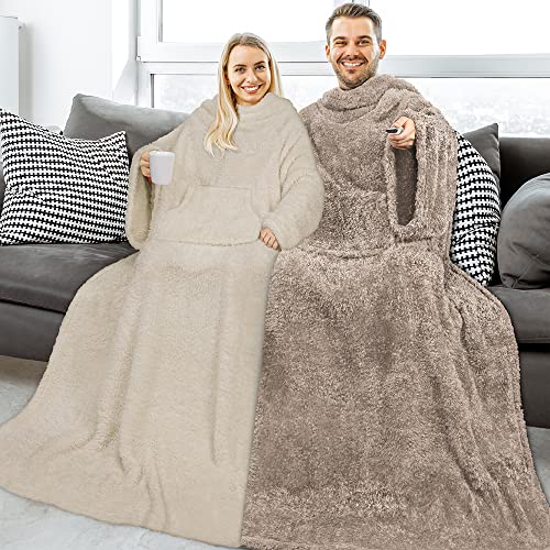 PAVILIA Sherpa Fleece Blanket with Sleeves for Adult Women Men, Wearable Blanket Sleeved Throw with Arms and Pocket, Fluffy Shaggy Cozy Gift for Christmas Thanksgiving Mom Wife, Crean Beige