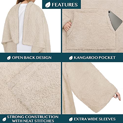 PAVILIA Sherpa Fleece Blanket with Sleeves for Adult Women Men, Wearable Blanket Sleeved Throw with Arms and Pocket, Fluffy Shaggy Cozy Gift for Christmas Thanksgiving Mom Wife, Crean Beige