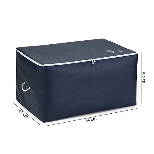 STUFF & THINGS,Storage Bags for Bedroom, Clothes and Blanket Organizer, Double Zipper Organization Bag, Foldable Fabric Boxes for Laundry Room, Large Capacity Comforter Storage Bag (Large Navy Blue),25.2x16.1x13.8 inches