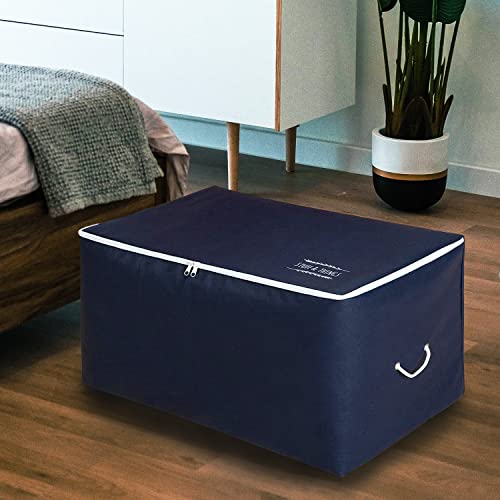 STUFF & THINGS,Storage Bags for Bedroom, Clothes and Blanket Organizer, Double Zipper Organization Bag, Foldable Fabric Boxes for Laundry Room, Large Capacity Comforter Storage Bag (Large Navy Blue),25.2x16.1x13.8 inches