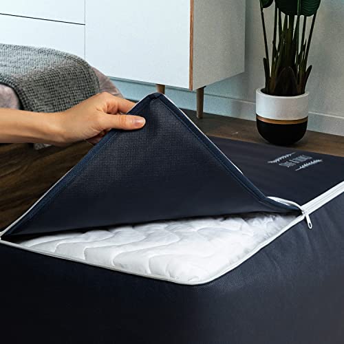 STUFF & THINGS,Storage Bags for Bedroom, Clothes and Blanket Organizer, Double Zipper Organization Bag, Foldable Fabric Boxes for Laundry Room, Large Capacity Comforter Storage Bag (Large Navy Blue),25.2x16.1x13.8 inches