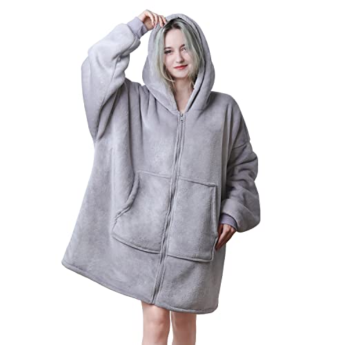 Queenshin Open Front Zip Up Oversized Hoodie Wearable Blanket for Men Women, Adults Comfy Sherpa Lined Hooded Sweatshirt with Zipper, One Size,Light Grey