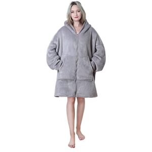 Queenshin Open Front Zip Up Oversized Hoodie Wearable Blanket for Men Women, Adults Comfy Sherpa Lined Hooded Sweatshirt with Zipper, One Size,Light Grey