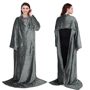 fleece wearable blanket with sleeves and kangaroo pocket for women man adult, super soft warm tv throw blanket with snap button, body wrap robe blankets with arms, gray