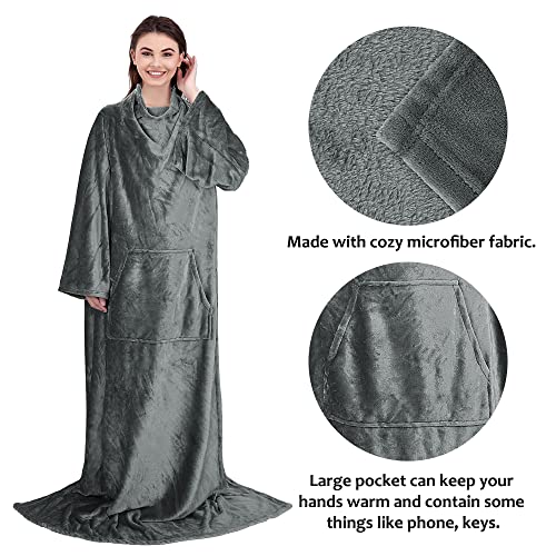 Fleece Wearable Blanket with Sleeves and Kangaroo Pocket for Women Man Adult, Super Soft Warm TV Throw Blanket with Snap Button, Body Wrap Robe Blankets with Arms, Gray