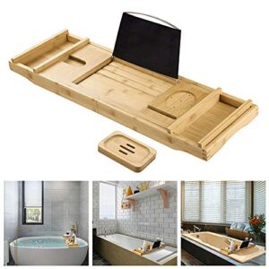 bamboo bathtub caddy tray, compact bathtub table with free soap dish, serving tray organizer phone tablet holder, bamboo organizer tray for bathroom, suitable for luxury spa or reading