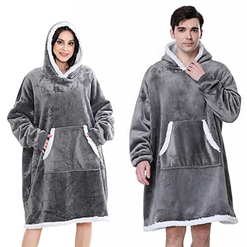 Wearable Blanket Oversized Sweatshirt for Women and Men, Super Soft Warm and Sweatshirt with Hood Pocket and Sleeves Plush Hoodie Blanket, One Size Fits All (Gray)