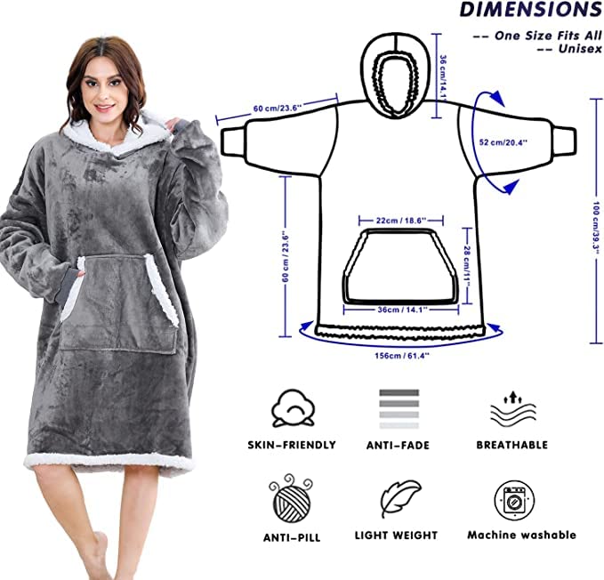 Wearable Blanket Oversized Sweatshirt for Women and Men, Super Soft Warm and Sweatshirt with Hood Pocket and Sleeves Plush Hoodie Blanket, One Size Fits All (Gray)