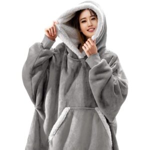 Wearable Blanket Oversized Sweatshirt for Women and Men, Super Soft Warm and Sweatshirt with Hood Pocket and Sleeves Plush Hoodie Blanket, One Size Fits All (Gray)