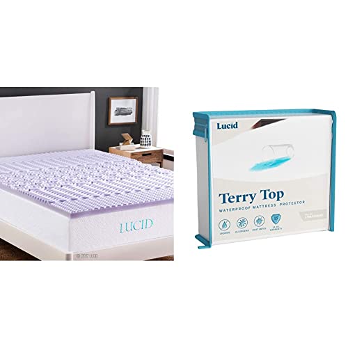 LUCID - LU20FF30ZT 2 Inch 5 Zone Lavender Memory Foam Mattress Topper - Full & Premium Hypoallergenic 100% Waterproof Mattress Protector - Universal Fit, Cotton Terry Top, Full