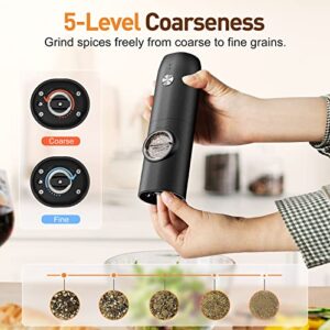 Electric Salt and Pepper Grinder Set (2 Pack), Rechargeable - No Battery Needed - Automatic Salt Pepper Mill Grinder, Adjustable Coarseness, LED Light, One-Hand Operation for Kitchen BBQ