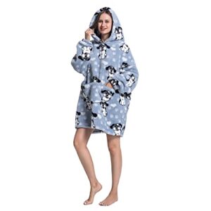 Blanket Hoodie Wearable Oversized Hooded Blanket for Adult Women Men Super Soft Comfortable Warm Flannel Sherpa with Giant Pocket Cute Dogs