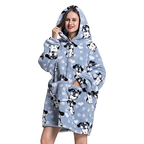 Blanket Hoodie Wearable Oversized Hooded Blanket for Adult Women Men Super Soft Comfortable Warm Flannel Sherpa with Giant Pocket Cute Dogs