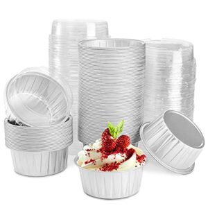 deayou 100-pack aluminum foil muffin cups ramekins, 5oz disposable cupcake baking liner with lid, 3" recyclable mini tart pie tin pan holder for creme brulee, party, wedding, silver color