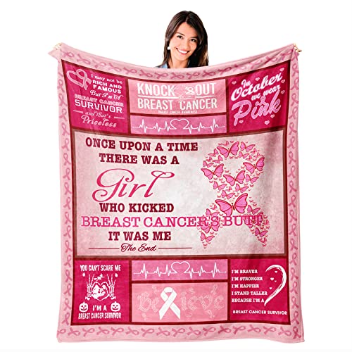 Breast Cancer Awareness Blanket, Breast Cancer Survivor Gifts Throw Blanket 60"x50", Breast Cancer Gifts for Women Chemo Friends Coworker, Pink Ribbon Blankets Ultra Soft Fleece Warm Cozy for Bed Sofa