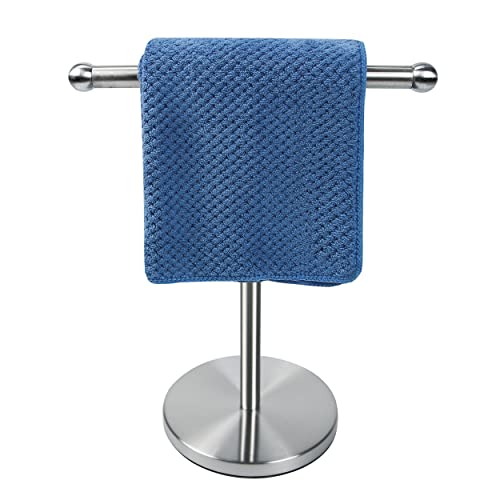 Qflushor Hand Towel Holder Stand, Stainless Steel Silver T-Shape Fingertip Towel Bar Rack Stand, Hand Towel Stand for Bathroon Vanity Countertop