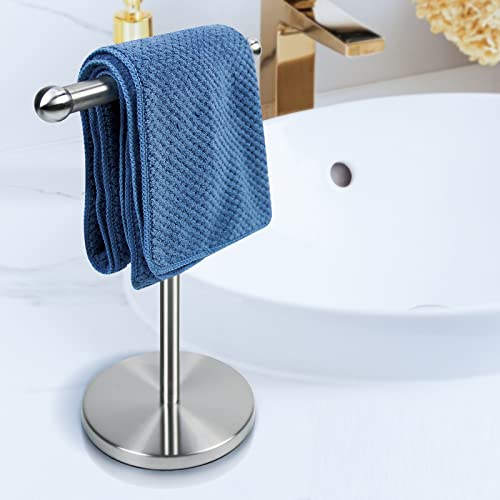 Qflushor Hand Towel Holder Stand, Stainless Steel Silver T-Shape Fingertip Towel Bar Rack Stand, Hand Towel Stand for Bathroon Vanity Countertop