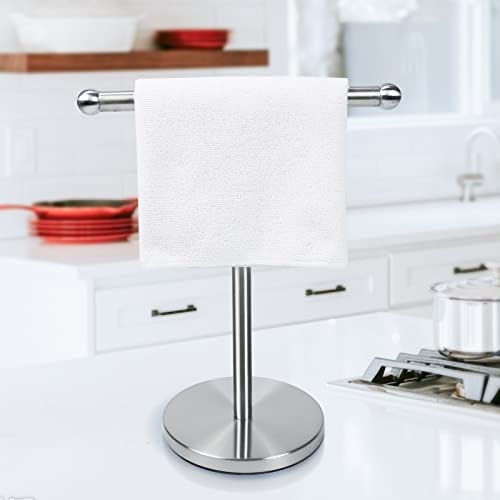 Qflushor Hand Towel Holder Stand, Stainless Steel Silver T-Shape Fingertip Towel Bar Rack Stand, Hand Towel Stand for Bathroon Vanity Countertop