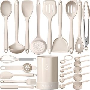 silicone kitchen cooking utensil set, fungun 25 pcs kitchen utensils with spatula, spoon, turner tongs, khaki heat resistant kitchen gadgets tools set for nonstick cookware (dishwasher, bpa free)