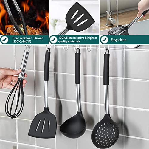 Silicone Cooking Utensil Set, Umite Chef 15pcs Silicone Cooking Kitchen Utensils Set, Non-stic - Best Kitchen Cookware with Stainless Steel Handle - Black