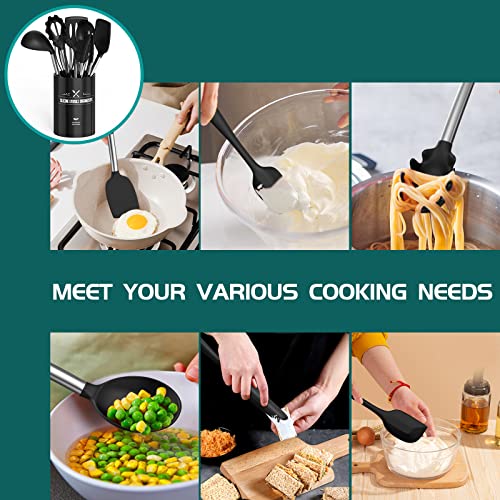 Silicone Cooking Utensil Set, Umite Chef 15pcs Silicone Cooking Kitchen Utensils Set, Non-stic - Best Kitchen Cookware with Stainless Steel Handle - Black