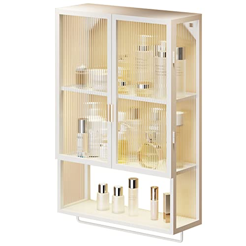 Wall Mounted Bathroom Cabinet with Towels Bar, Above Toilet Storage Organizer Laundry Room Kitchen Shelf, No Drilling Washroom Vanity Cabinet Shampoo Holder, Space Saver Medicine Cabinet