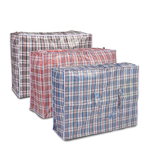 Koreyosh 3PCS Storage Bags Moving Tote Bags, 35 gallon Extra-Large Plastic Checkered Shopping Luggage bags, Reusable Moving Bags Heavy Duty with Zippers & Carrying Handles for Cloth/Blanket/Bedding/Shoes