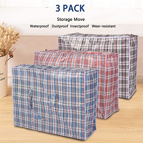 Koreyosh 3PCS Storage Bags Moving Tote Bags, 35 gallon Extra-Large Plastic Checkered Shopping Luggage bags, Reusable Moving Bags Heavy Duty with Zippers & Carrying Handles for Cloth/Blanket/Bedding/Shoes