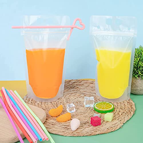 100 PCS Drink Pouches for Adults, Reusable Drink Pouches with 100 Straws Funnel, Heavy Duty Stand-up Juice Pouches Plastic Smoothie Drink Bags for Cold Hot Drinks