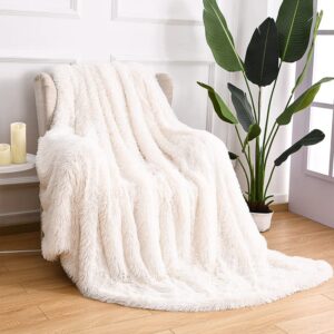 softlife super soft fluffy faux fur throw blanket 50" x 60" reversible plush warm sherpa blankets for couch sofa bed throws home decorative, cream