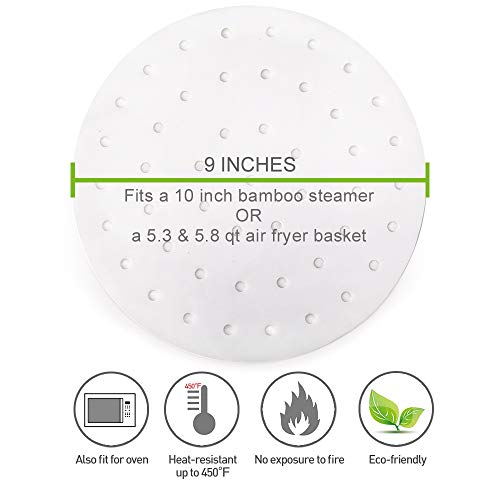 100pcs Air Fryer Liners, Vancens 9 inch Bamboo Steamer Liners, Premium Perforated Parchment Paper Sheets, Non-stick Basket Mat, Perfect for 5.3 & 5.8 QT Air Fryers/Steaming/Baking/Cooking