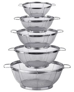 5 pack 18/8 stainless steel colander sieves, multi size mesh strainer net baskets with handles & resting base for strain, drain, rinse or steam