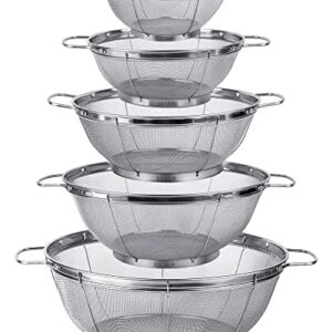 5 Pack 18/8 Stainless Steel Colander Sieves, Multi Size Mesh Strainer Net Baskets with Handles & Resting Base for Strain, Drain, Rinse or Steam