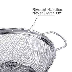 5 Pack 18/8 Stainless Steel Colander Sieves, Multi Size Mesh Strainer Net Baskets with Handles & Resting Base for Strain, Drain, Rinse or Steam