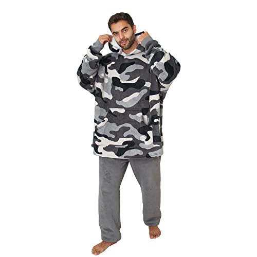 Dreamscene Camo Oversized Blanket Hoodie Wearable Sherpa Fleece Sweatshirt, Soft Plush Warm Comfy Blanket Hoodie, Giant Jacket for Men, Thick Flannel Blanket with Sleeves - Charcoal Grey