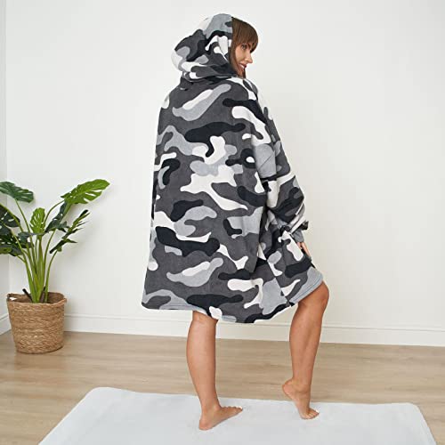 Dreamscene Camo Oversized Blanket Hoodie Wearable Sherpa Fleece Sweatshirt, Soft Plush Warm Comfy Blanket Hoodie, Giant Jacket for Men, Thick Flannel Blanket with Sleeves - Charcoal Grey