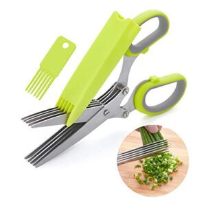 lhs herb scissors with 5 multi stainless steel blades and safe cover kitchen gadgets cutter, kitchen chopping shear, mincer, sharp dishwasher safe kitchen gadget, culinary cutter