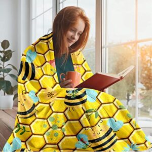 Cute Bee Blanket Bee Gifts for Kids Adults Flowers Yellow Fleece Plush Throw Blanket for Couch Bed Honeycomb Decor, Warm Lightweight Super Soft Blankets All Seasons, 60x50 Inch